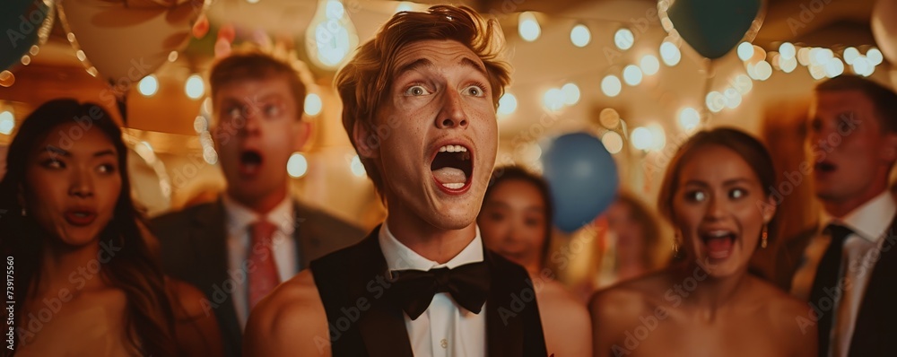 Surprise party reveal, guest of honor's amazed reaction Stock Photo ...