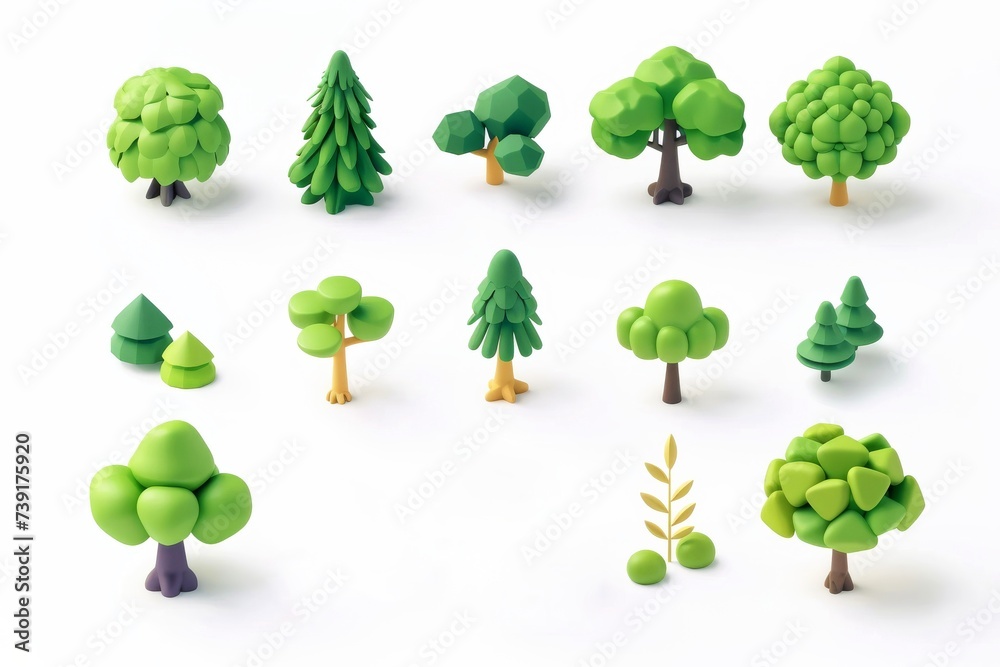 Collection of 3d cute tree isolated on white background Stock ...