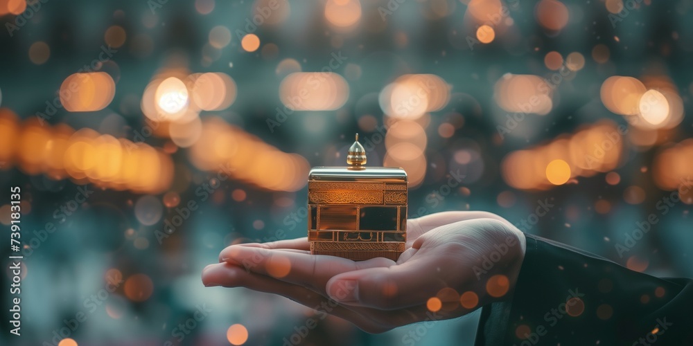 muslim hand holding miniature kaaba with mosque background. banner ...