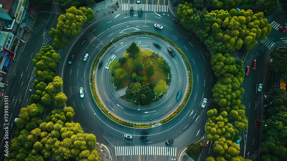 An aerial shot captures the circular flow of traffic around a green ...