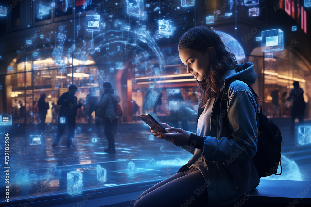 A futuristic concept art piece depicting a user in a smart city square ...