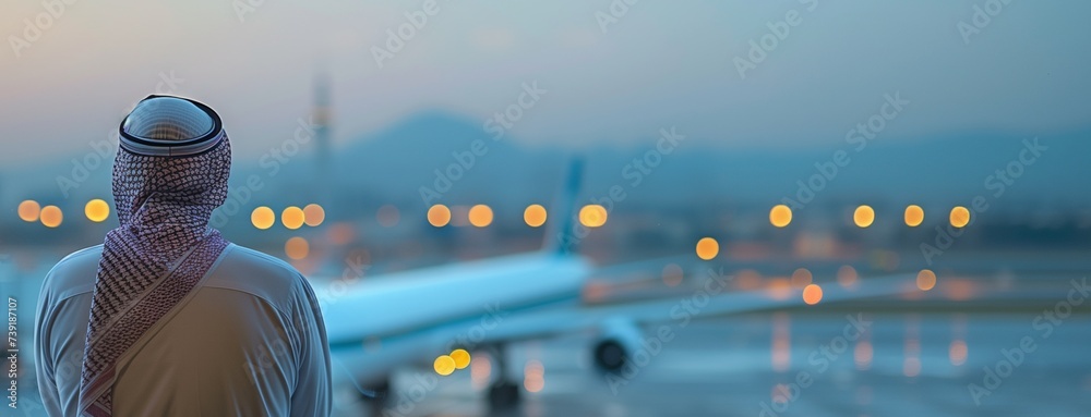 Muslim man with traditional clothes looking at airplane on aerodrome ...