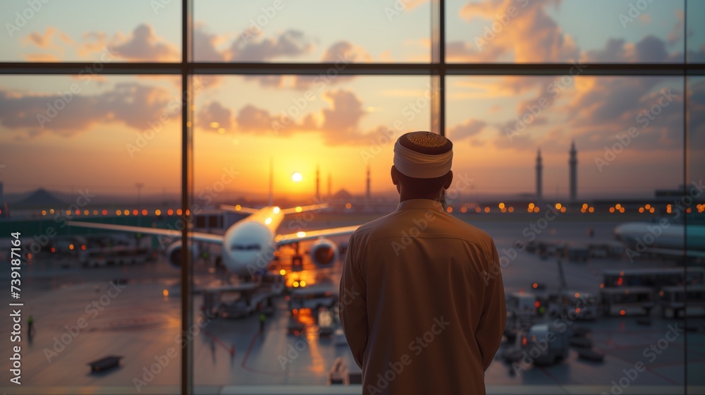 Muslim man with traditional clothes looking at airplane on aerodrome ...