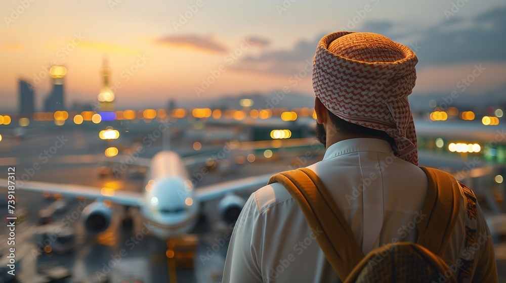 Muslim man with traditional clothes and backpack looking at airplane on ...