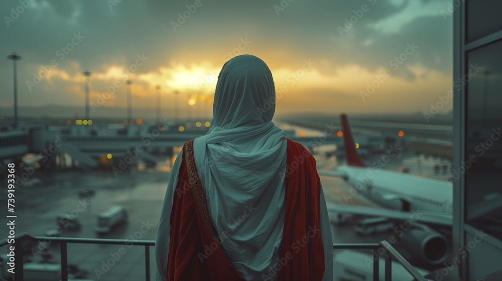 Muslim woman with traditional hijab looking at airplane on aerodrome ...