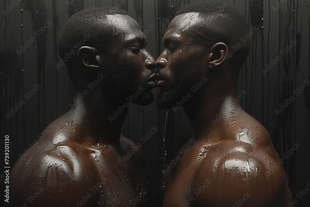 two muscular black men kissing in shower, athletic couple detailed facial features Stock Photo ...