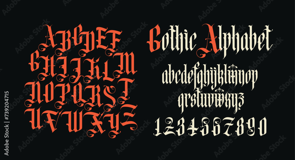 Gothic font. Full set of capital, small letters and numbers of the ...