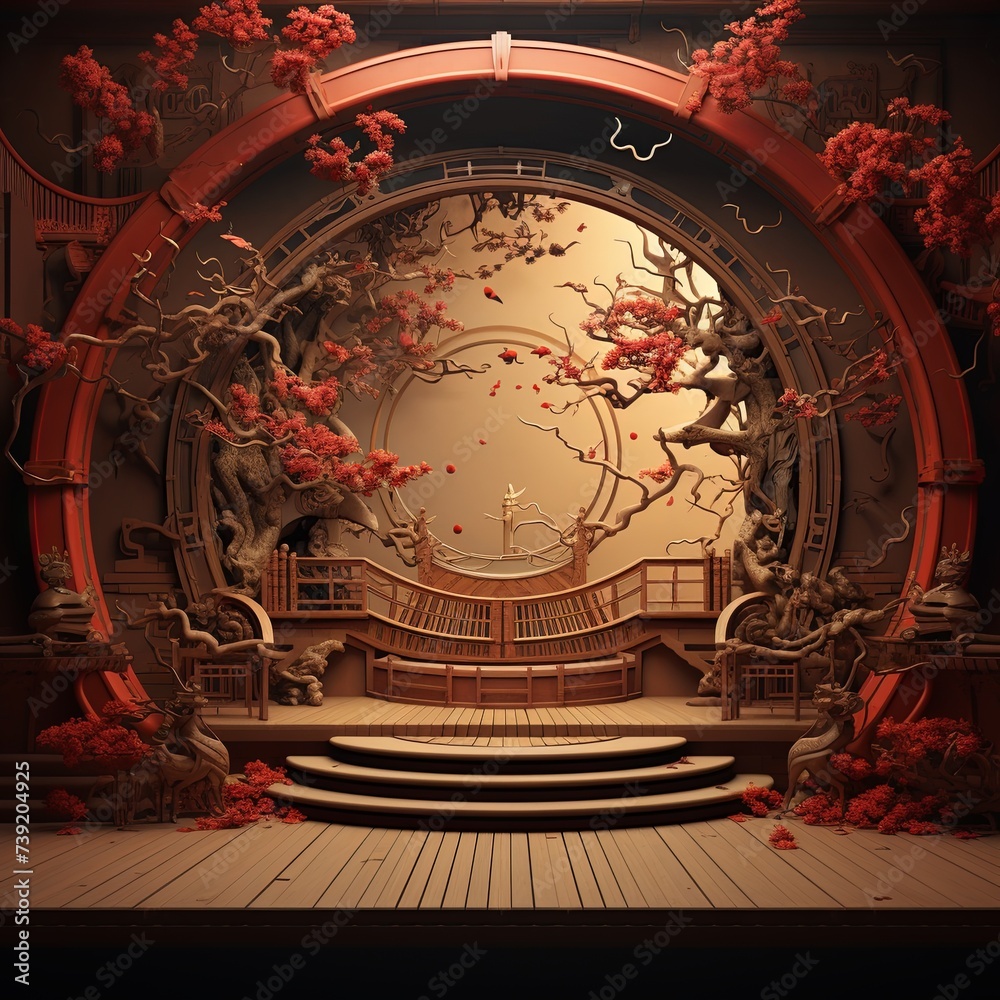 Ornate Stage Background with Japanese Elements Stock Illustration ...