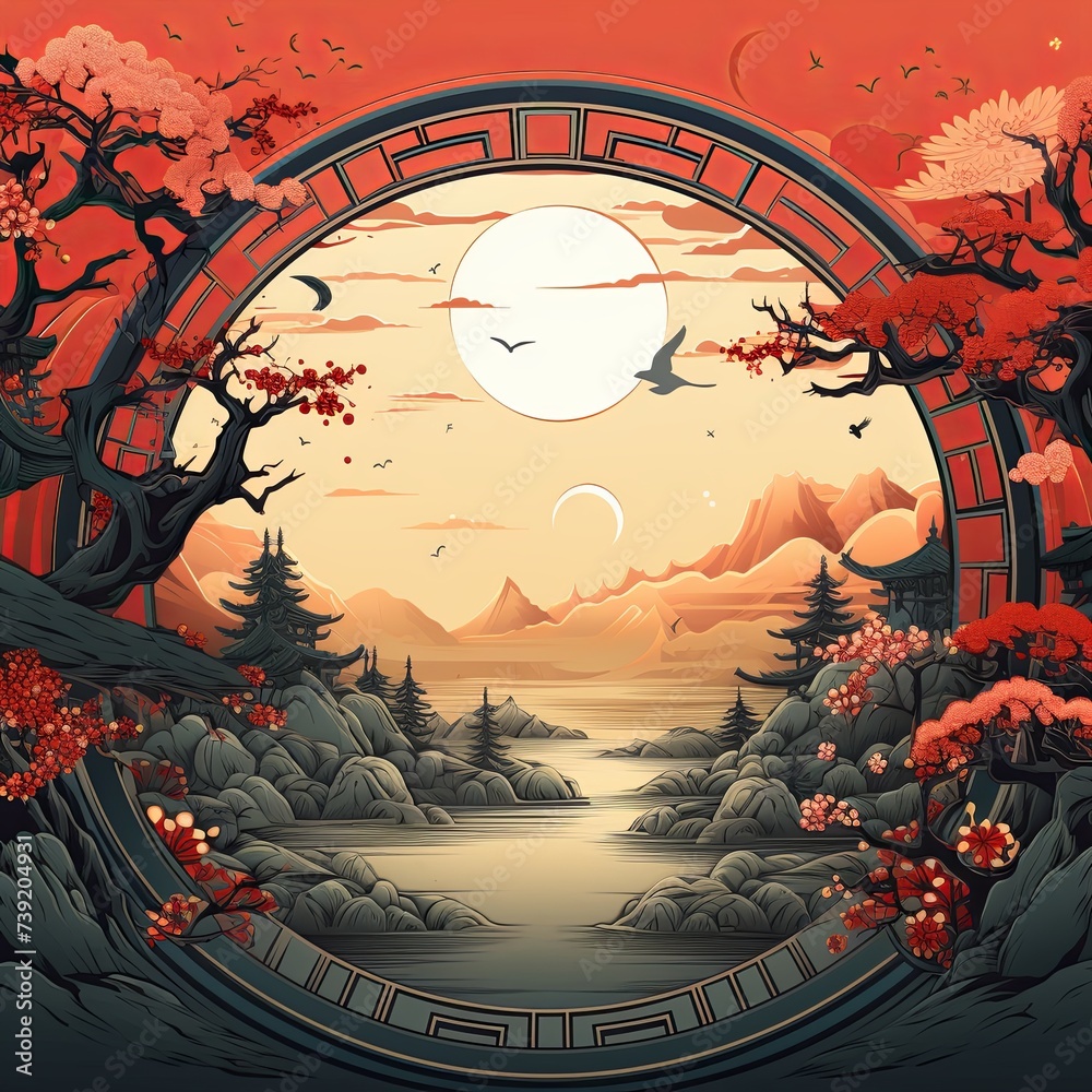 Ornate Stage Background with Japanese Elements Stock Illustration ...