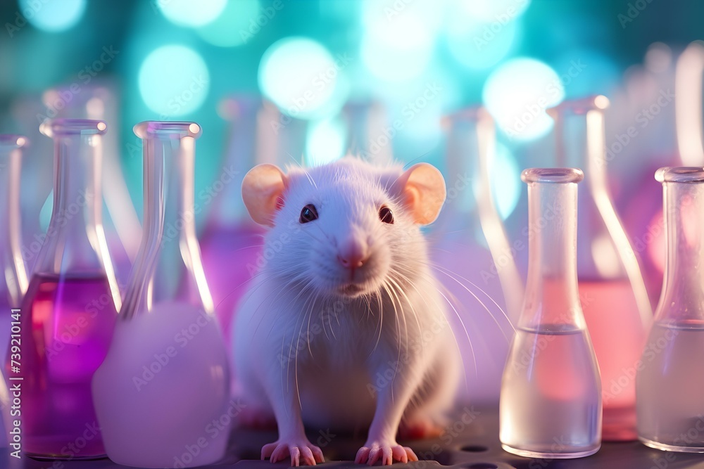 Adorable white lab rat amidst test tubes and flasks with blurred ...