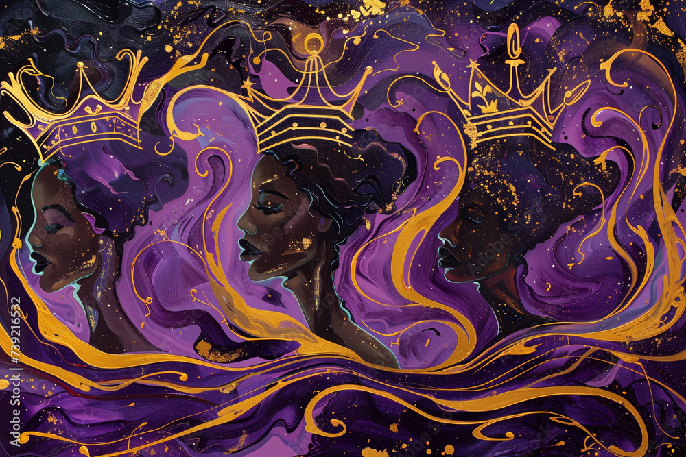 Abstract fluid art with the shape of an African woman. Deep purple ...