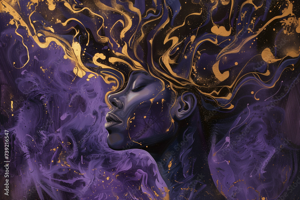 Abstract fluid art with the shape of an African woman. Deep purple ...