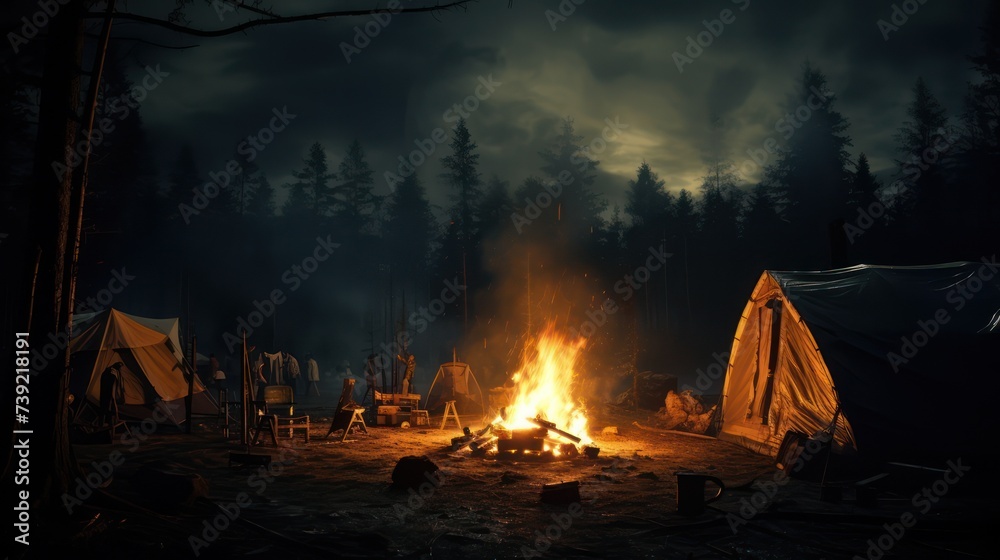 Camping tent in the campground at night with campfire. Outdoor ...