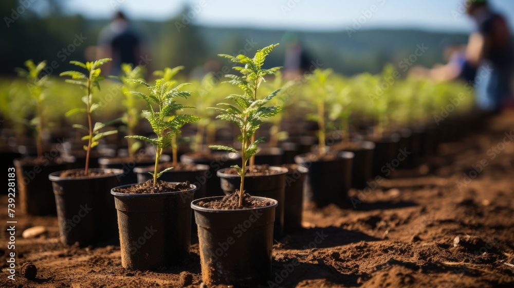 Rows of planted saplings in a reforestation area, gardening tools ...