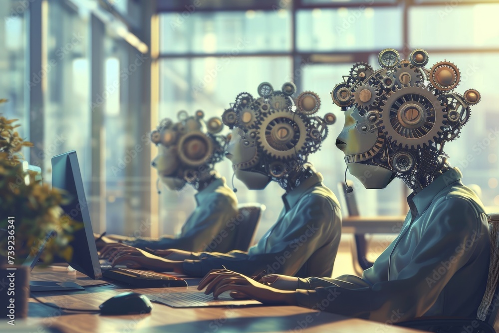 In a work setting, depict a group of office people busy with their ...