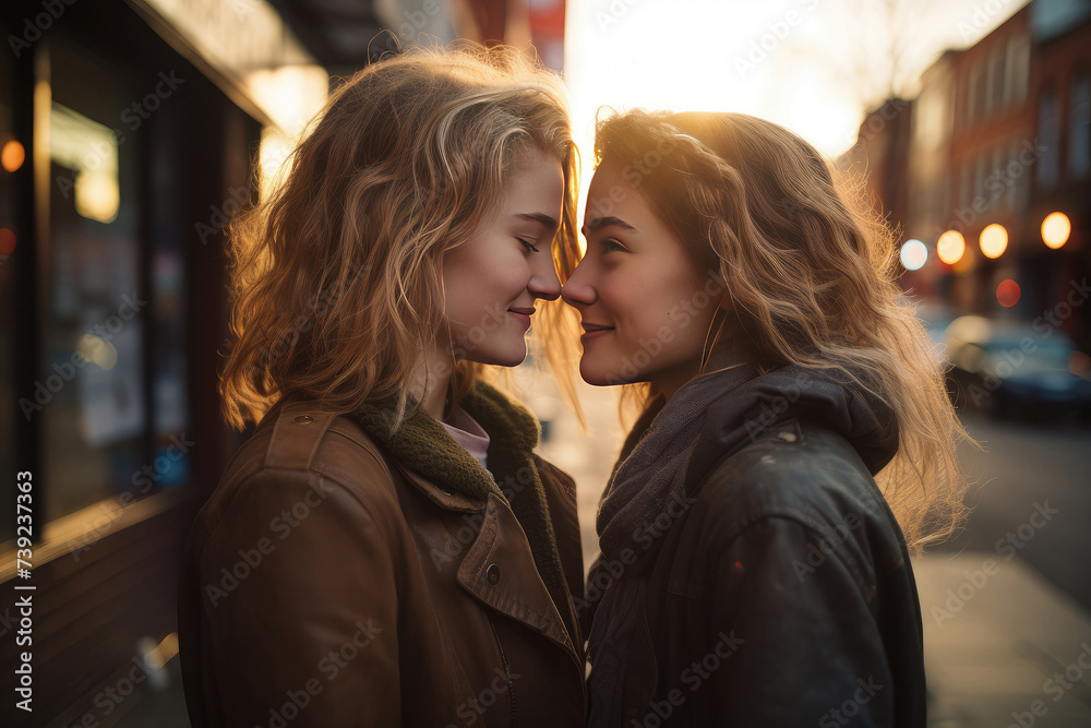 Happy romantic couple of lesbian teenage girls on a date. Two gay girls ...