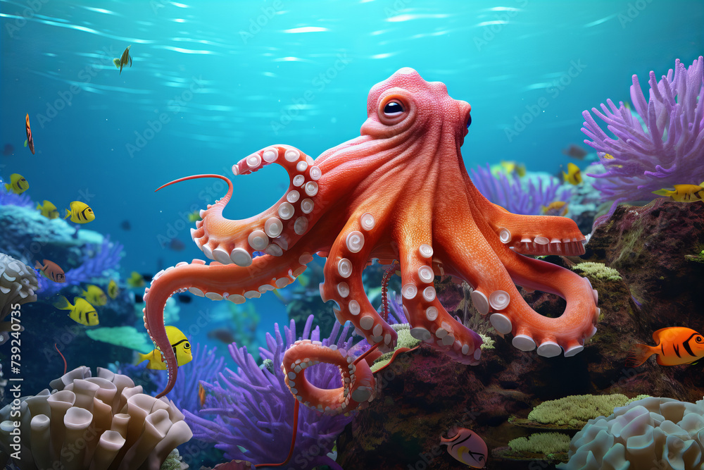 3D illustration of a curious octopus exploring a colorful coral reef ...