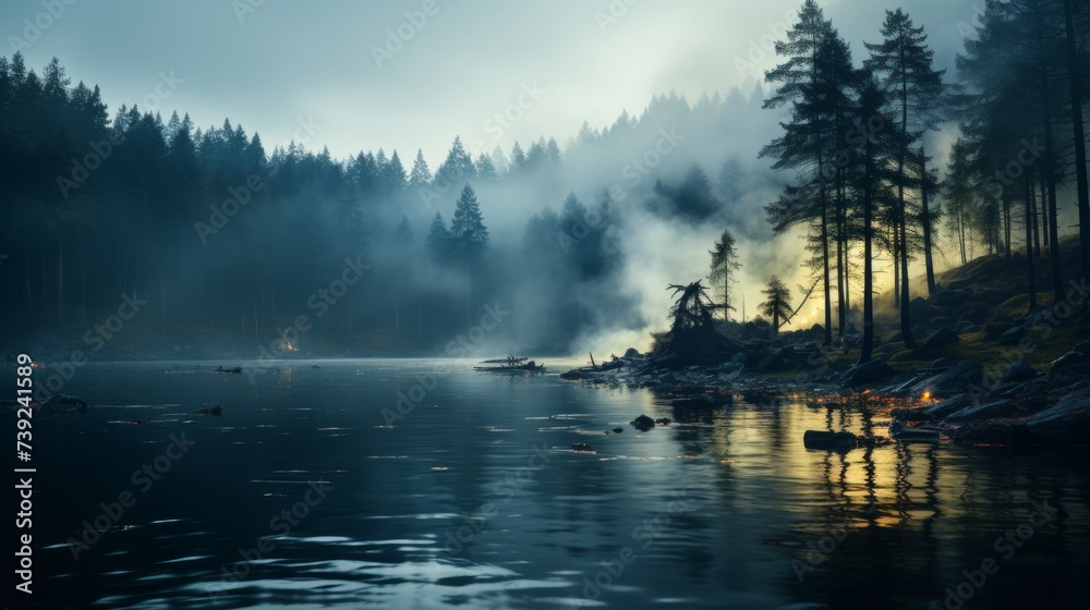 Misty morning at a forest lake, fog hovering over the water, eerie yet ...