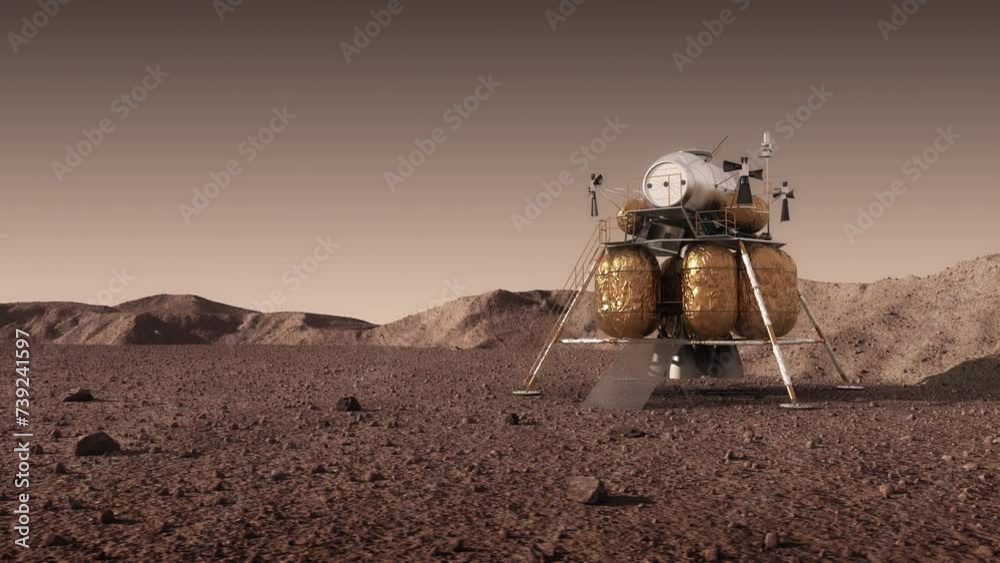 An American flag against the background of the descent module of the ...