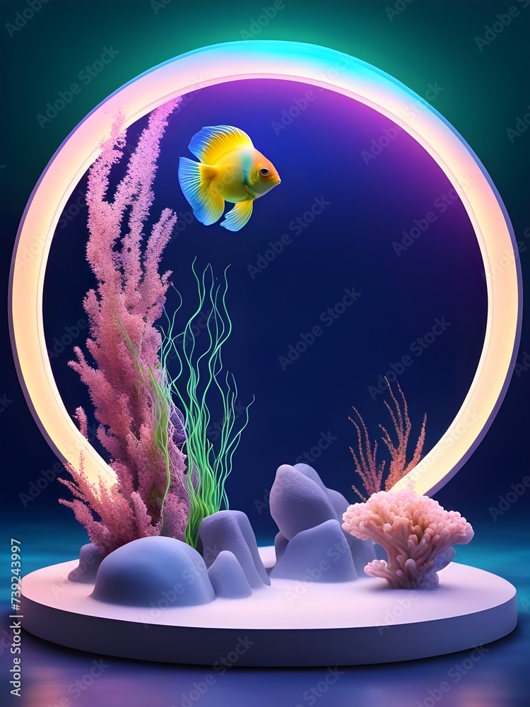 aquarium with fishes; sea theme underwater blue color round empty 3D ...