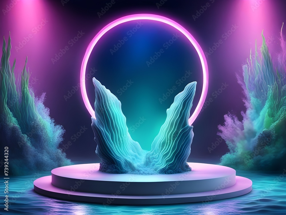 sea theme underwater blue color round empty 3D podium product display ...