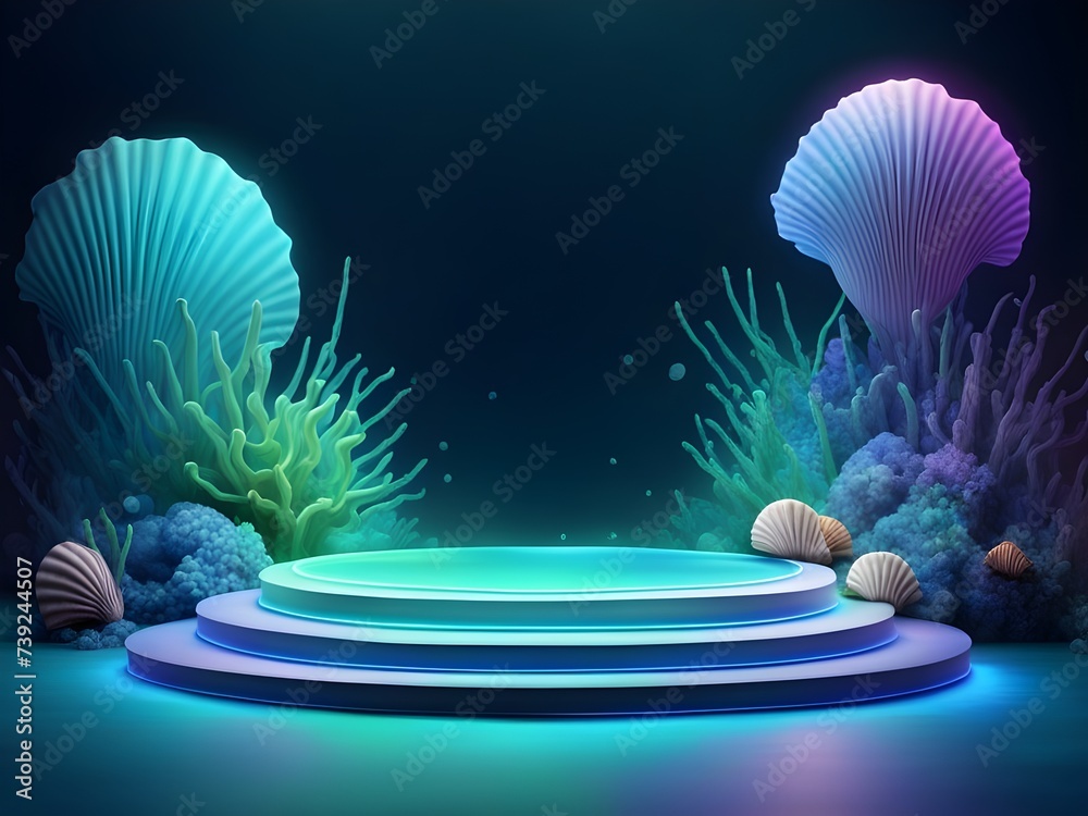 sea theme underwater blue color round empty 3D podium product display ...