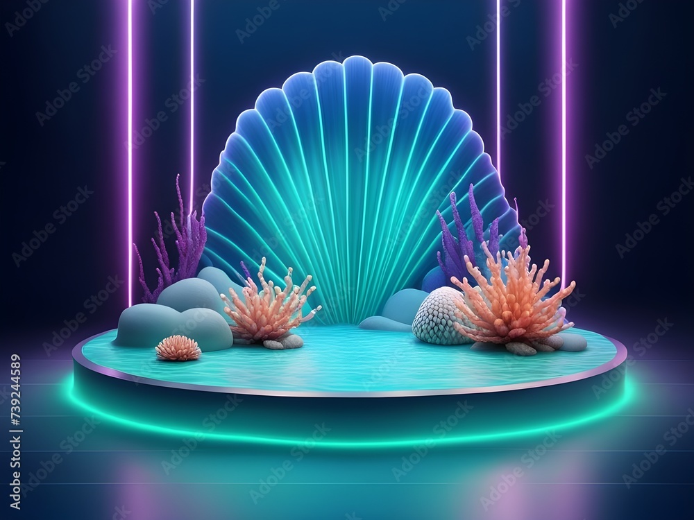 sea theme underwater blue color round empty 3D podium product display ...