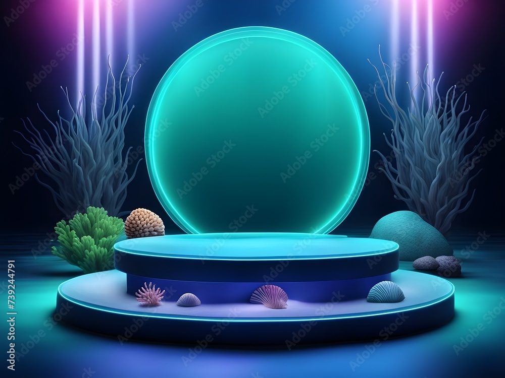 sea theme underwater blue color round empty 3D podium product display ...