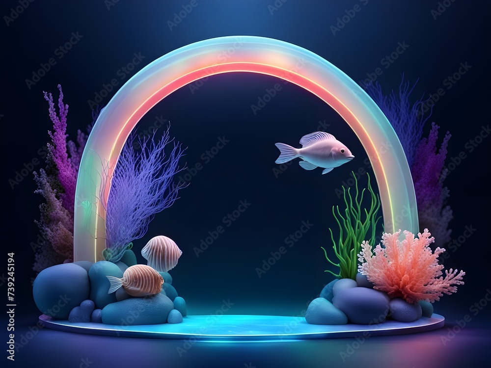 aquarium with fishes; sea theme underwater blue color round empty 3D ...