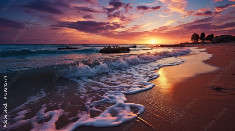 Serene beach scene during sunset, the sun dipping into the ocean, sky ...