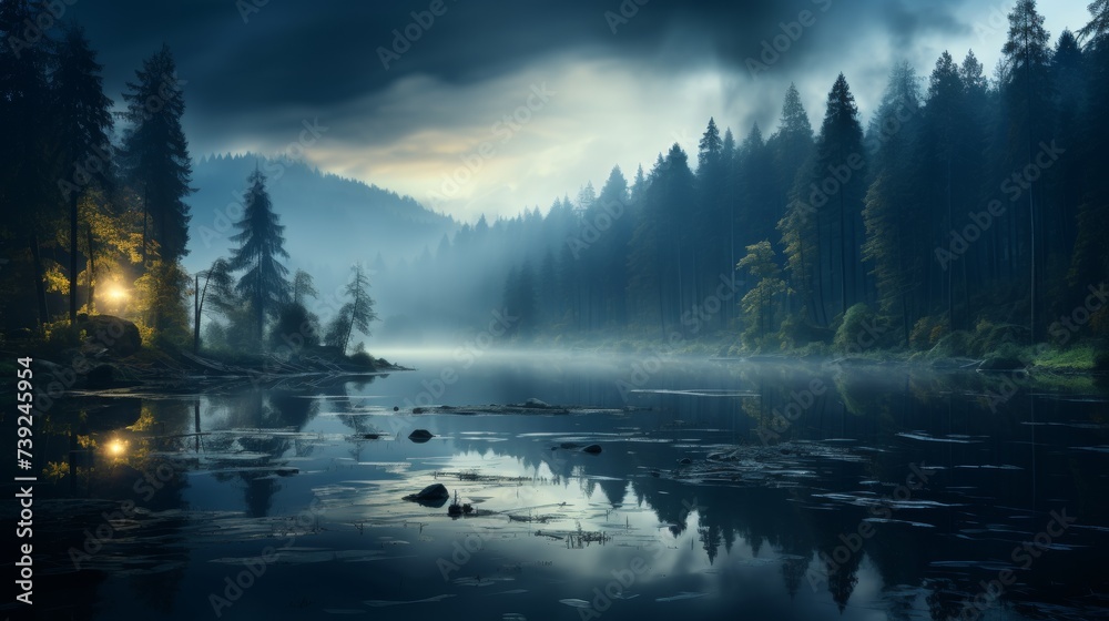 Misty morning at a forest lake, fog hovering over the water, eerie yet ...