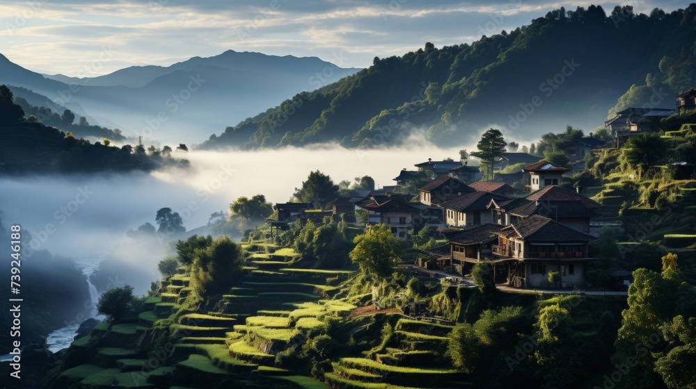 Small mountain village at dawn, houses with traditional architecture ...