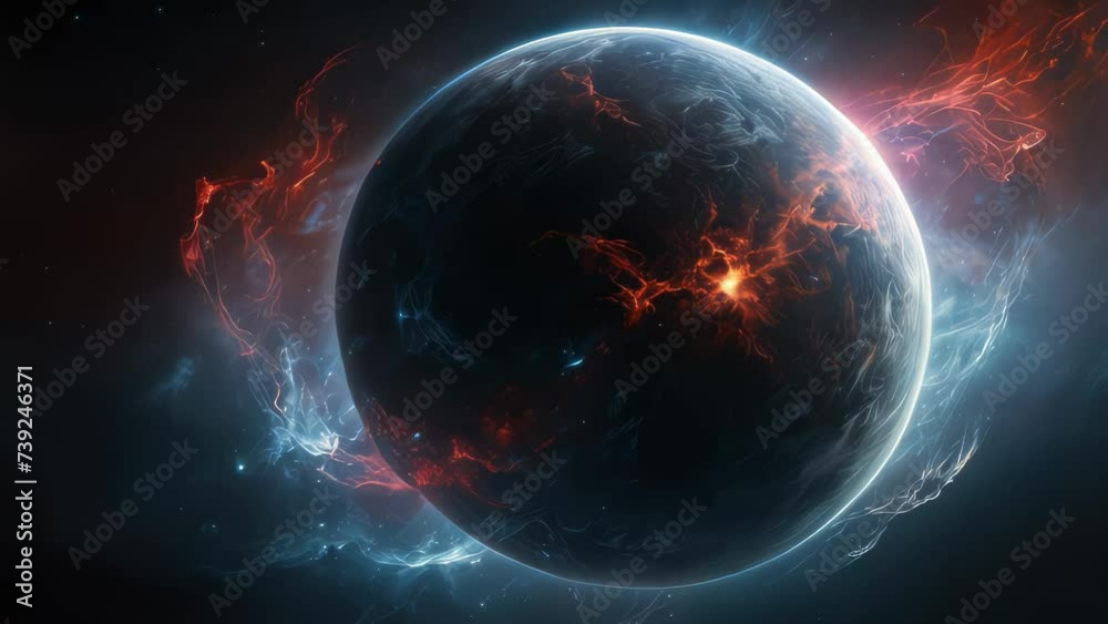 Vidéo Stock mesmerizing cosmic scene, a dark planet occupies the center ...