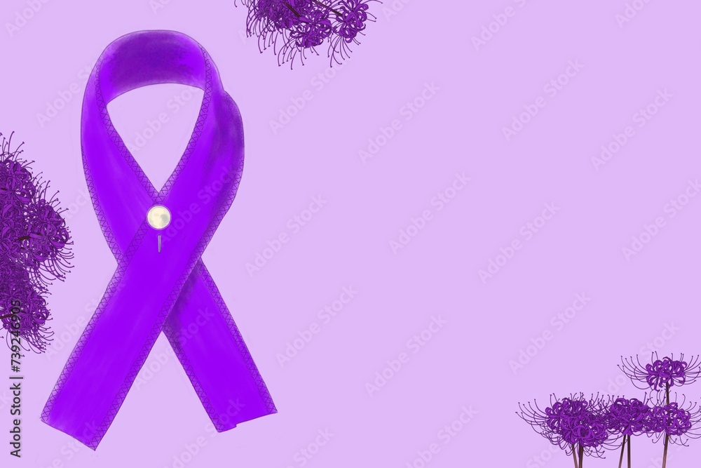 Tarjeta de lazo morado con alfiler. Cinta violeta en forma de lazo para ...