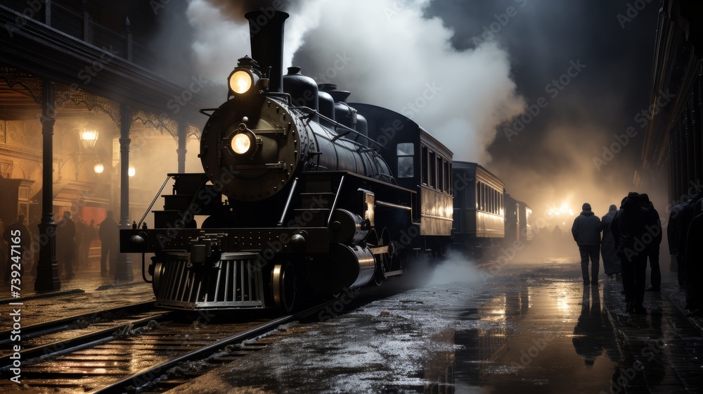 Old-fashioned train station with a steam locomotive, passengers dressed ...