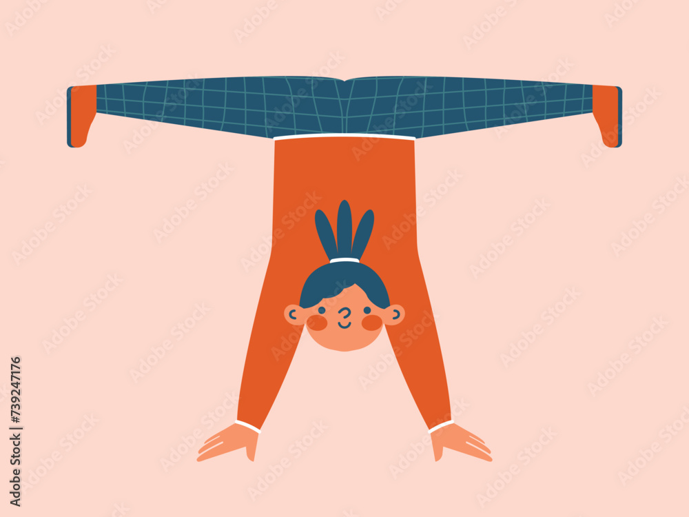 Handstand. Flat cartoon illustration. Cute kawaii teenage girl trains ...
