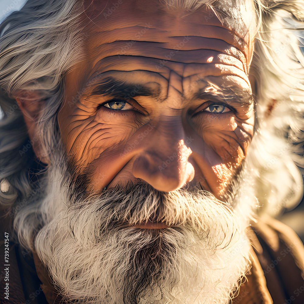 A close-up portrait of a wise old man with kind eyes and wrinkles ...