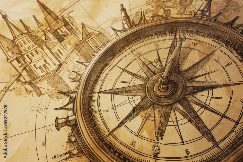 Artistic depiction of a compass rose with historical landmarks and ...