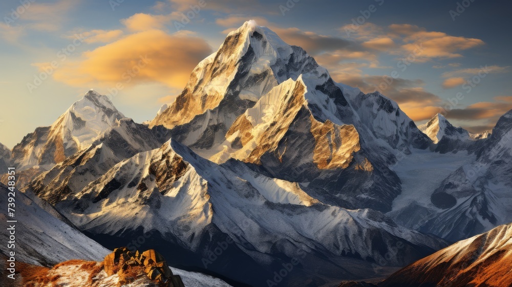 Sunrise over a mountain range, golden light spilling over snow-capped ...