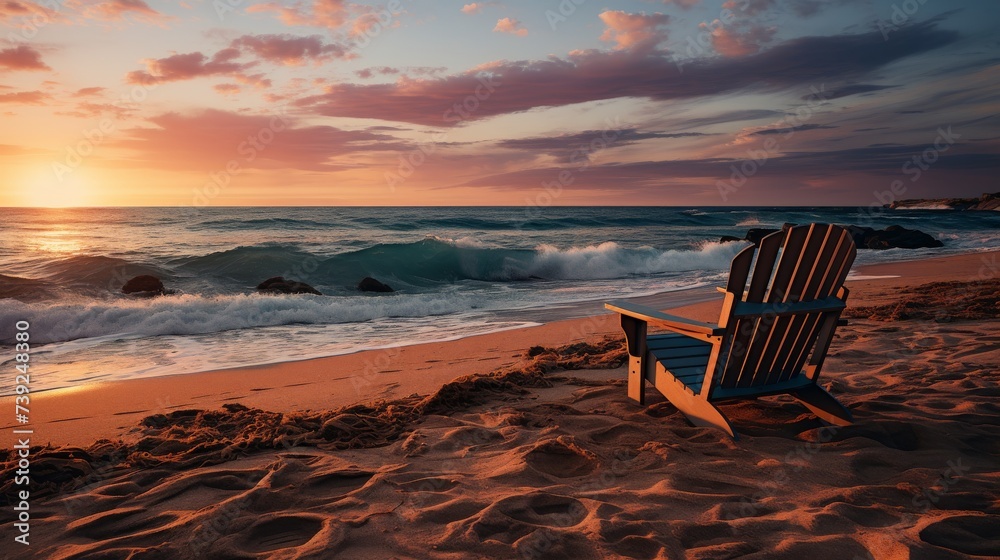 Secluded beach at dawn, two chairs facing the sea, untouched sand and ...