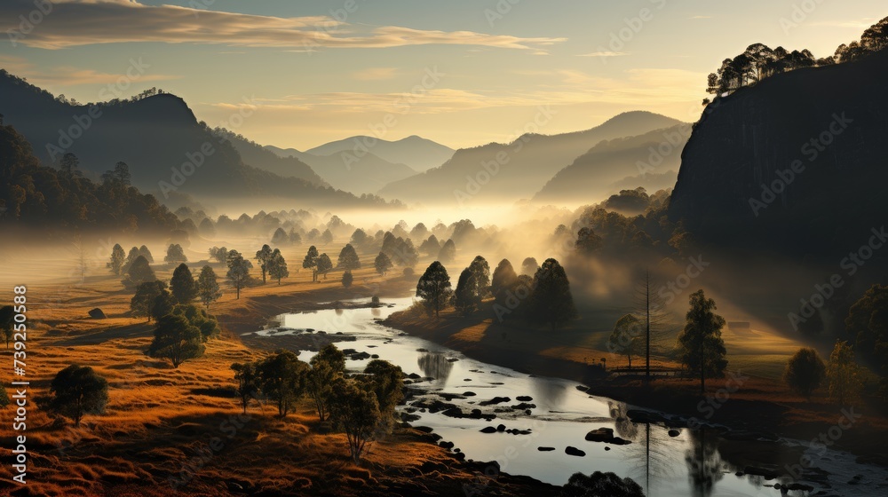 Rolling hills at sunrise, layers of mist between hills, soft golden ...