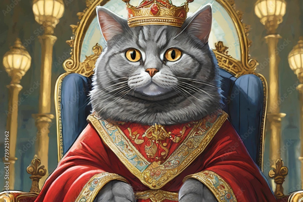 Fat male gray cat dressed as a king sitting on a throne wearing a red ...