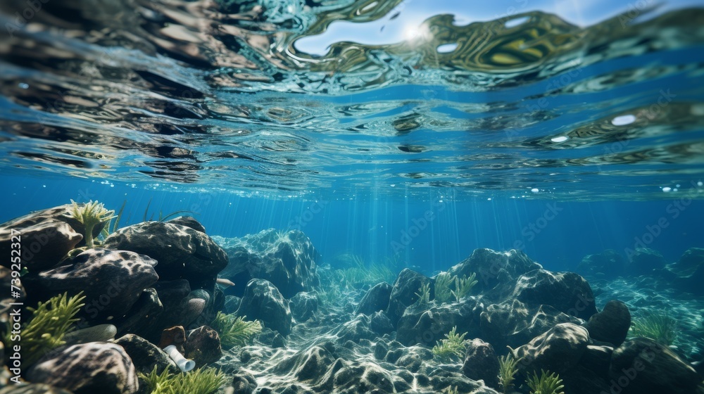 Underwater view of a catamaran's hulls and clear ocean water, marine ...