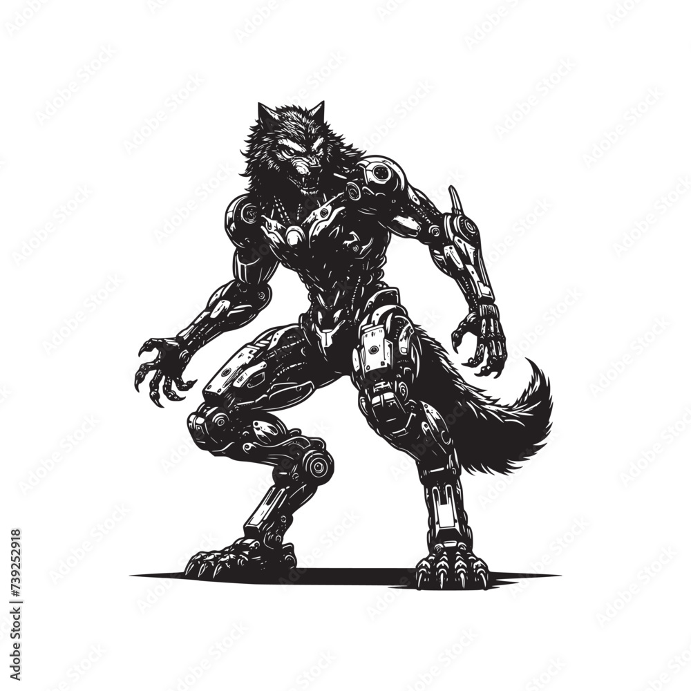 werewolf humanoid robot form mechanic futuristic hand drawn art style ...