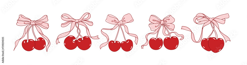 Cherry and bow coquette vector, hand drawn red cherry set Stock Vector ...
