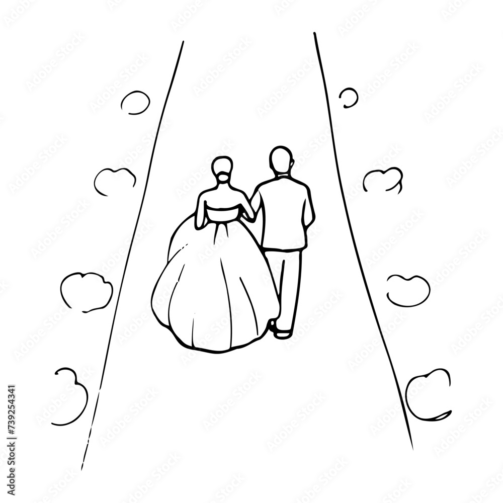 man and a woman walk along a path with bushes. hand drawn illustration ...