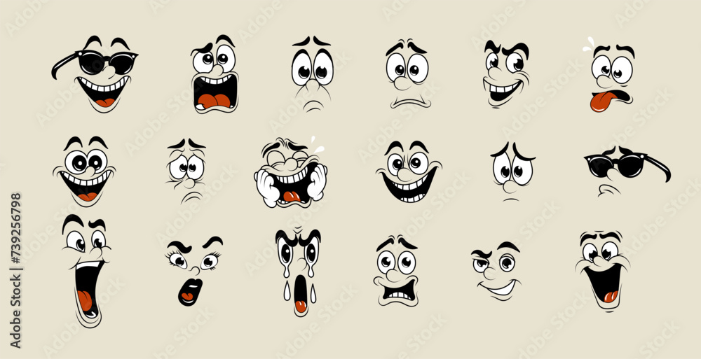Set of retro faces. Vintage emotional face, old style funny eyes and ...