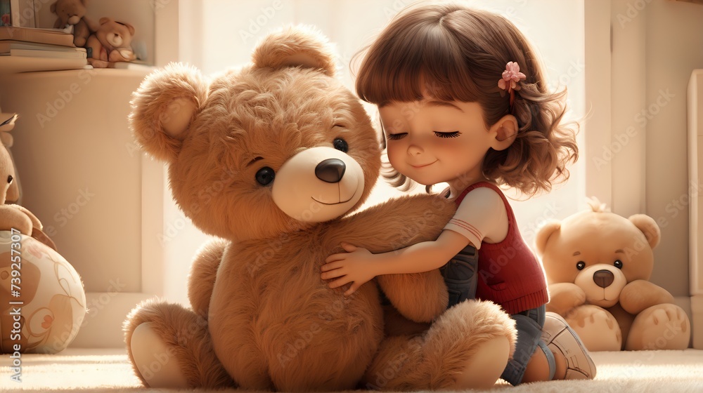 A sweet animated character sharing a warm hug with a teddy bear or a ...