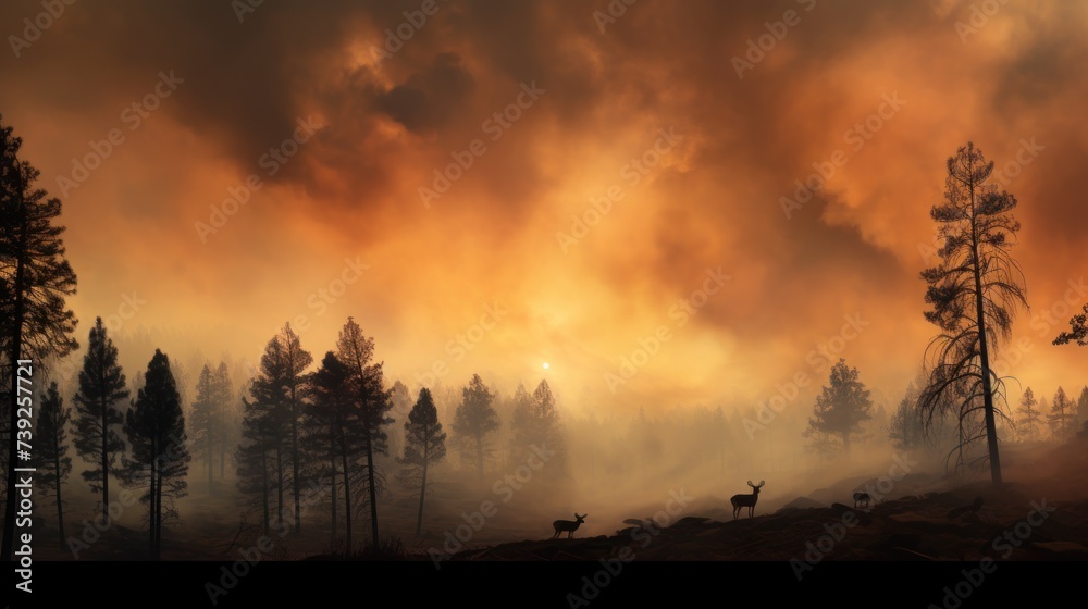 billows of smoke from fires in an In the forest, Wild animals running ...