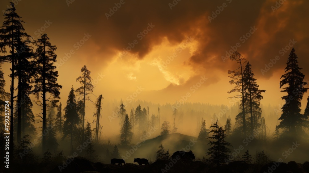 billows of smoke from fires in an In the forest, Wild animals running ...